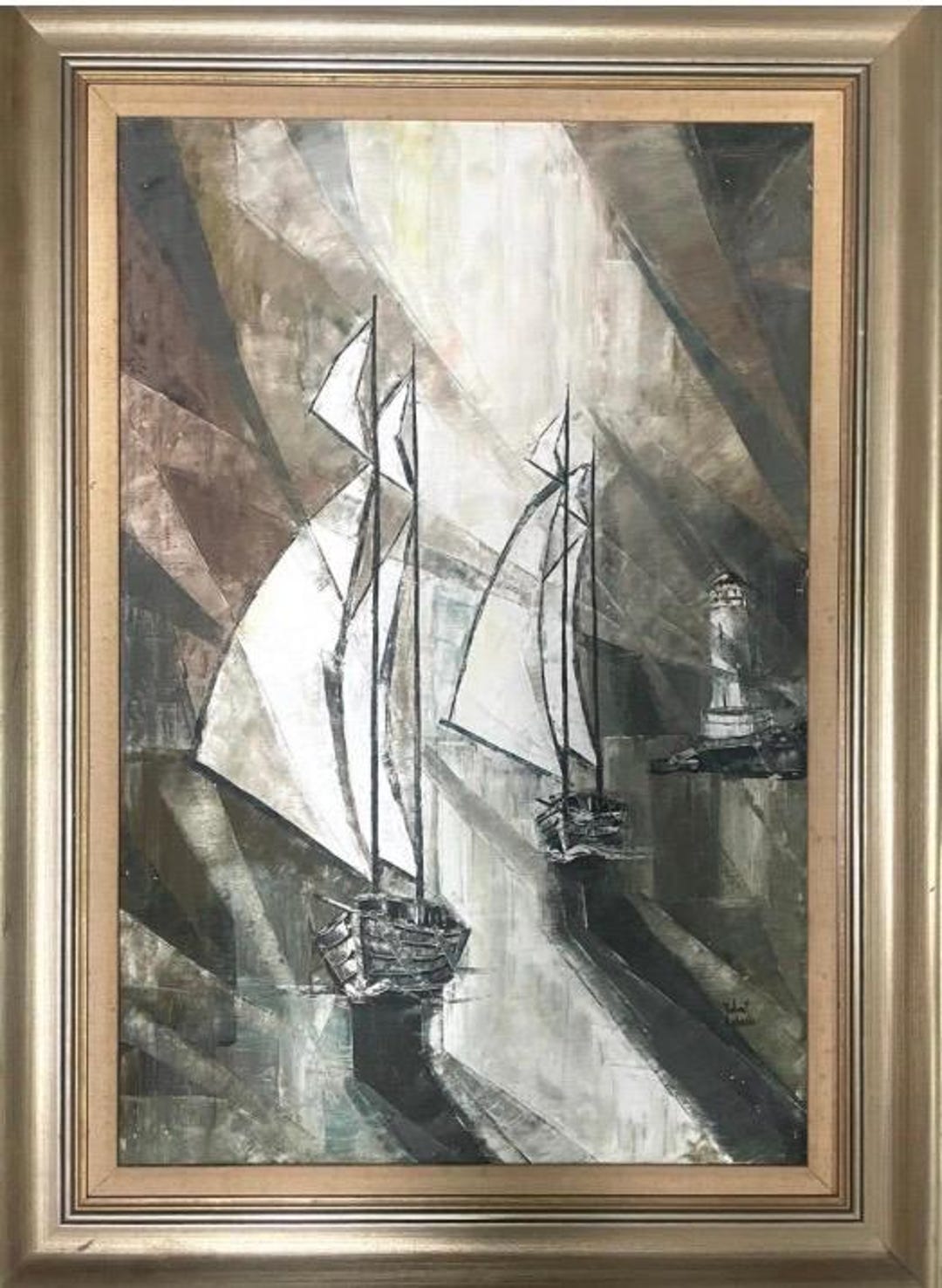 Robert Lebron “sailboats and Lighthouse” Oil Painting on Canvas - Etsy