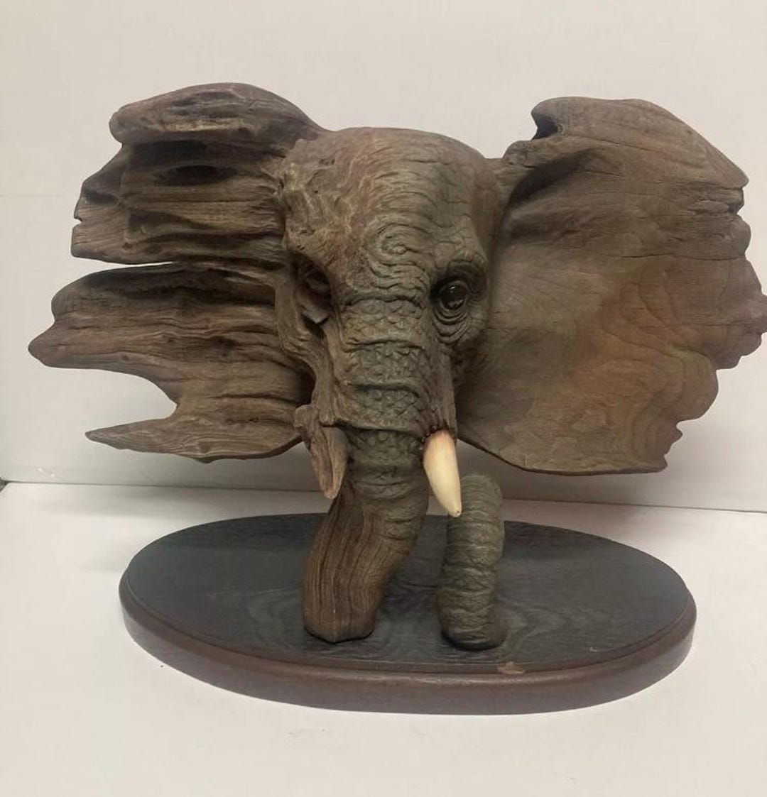 1986 Artist Rick Cain the Elder Elephant Resin Wood Carved Sculpture ...