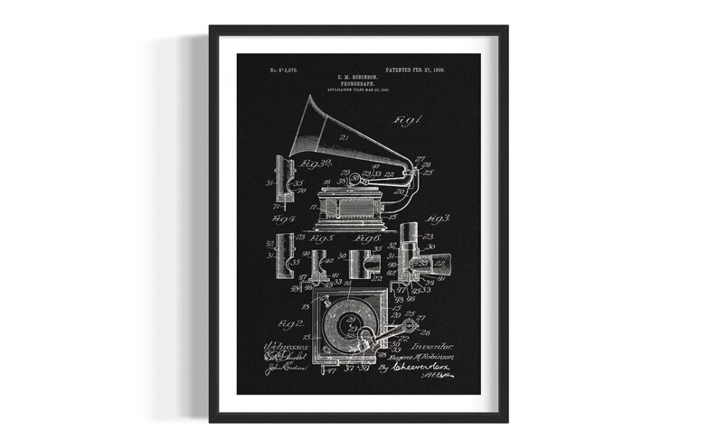 Vintage Phonograph Blueprint Poster - Gramophone Patent Wall Art Print ...
