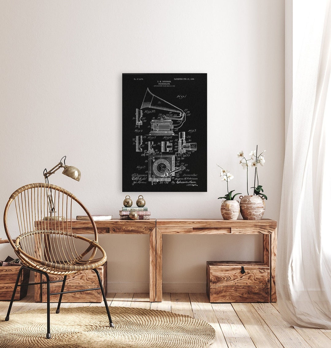 Vintage Phonograph Blueprint Poster - Gramophone Patent Wall Art Print ...