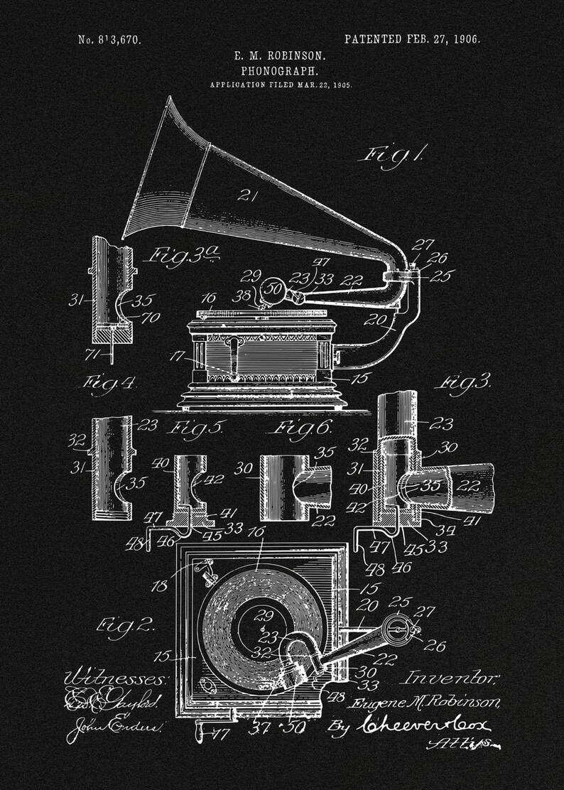 Vintage Phonograph Blueprint Poster - Gramophone Patent Wall Art Print ...
