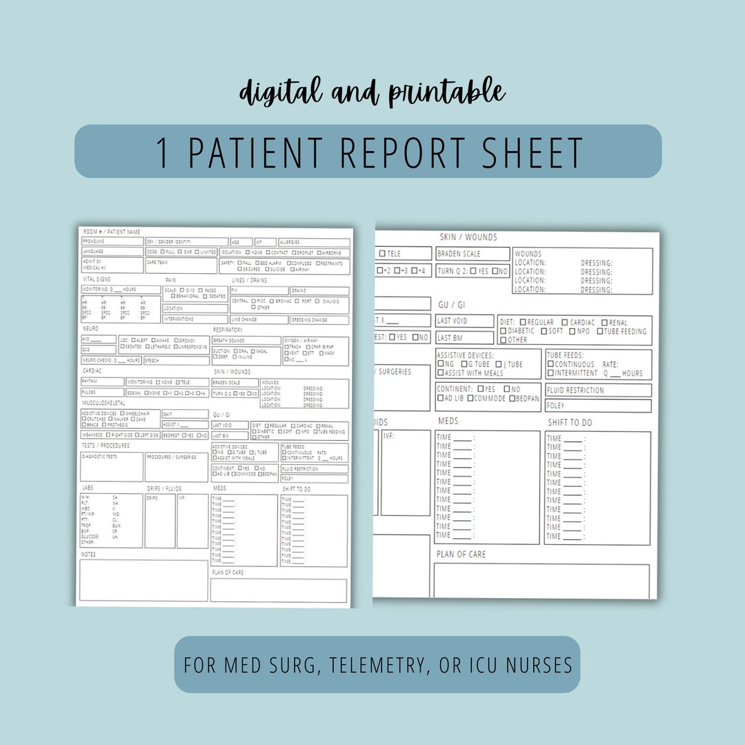 1 Patient Nursing Report Sheet, Med Surg, Telemetry, ICU | Digital ...
