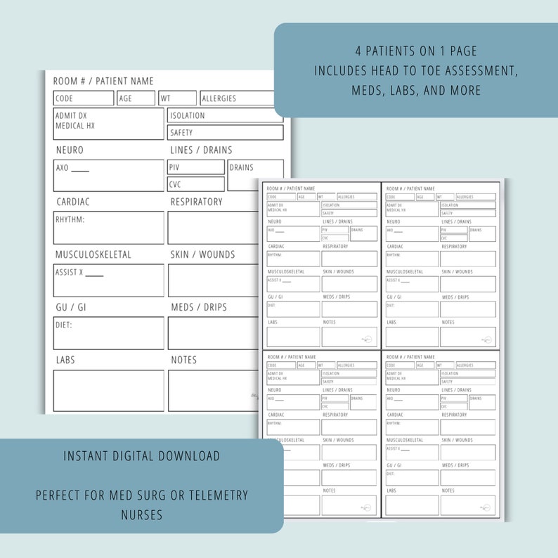 4 Patients Nursing Report Sheet, Med Surg, Telemetry | Digital Download ...