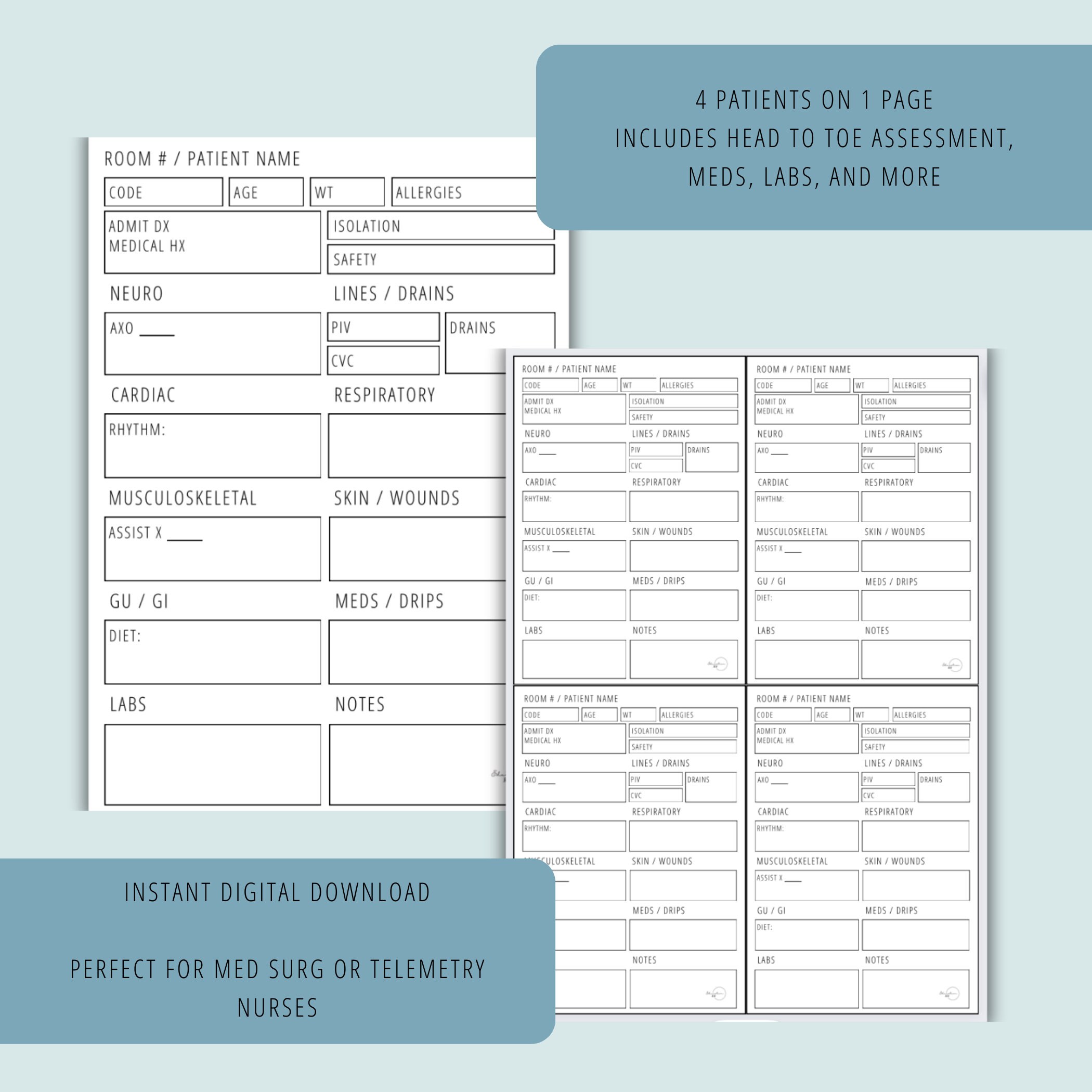 4 Patients Nursing Report Sheet, Med Surg, Telemetry | Digital Download ...