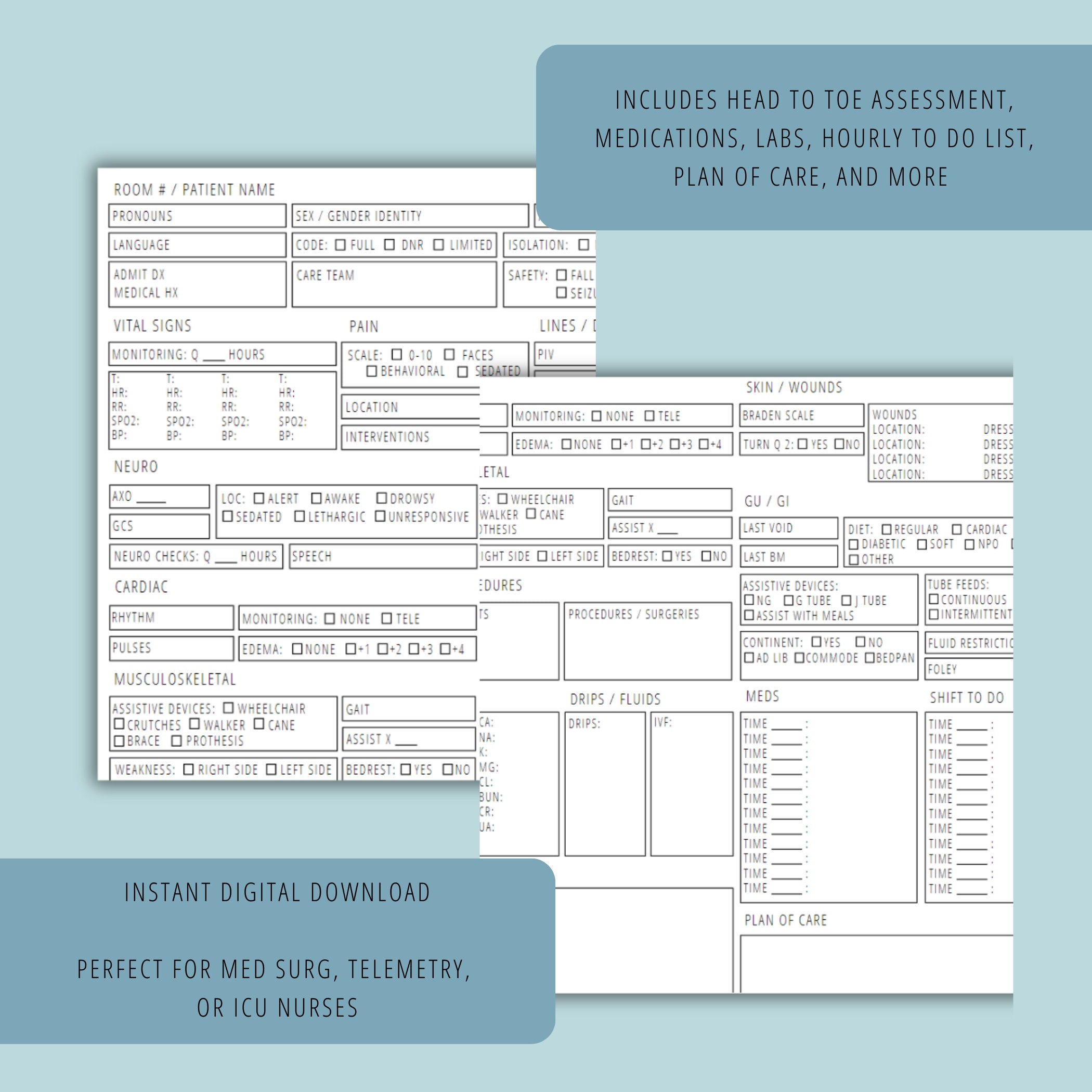 1 Patient Nursing Report Sheet, Med Surg, Telemetry, ICU | Digital ...
