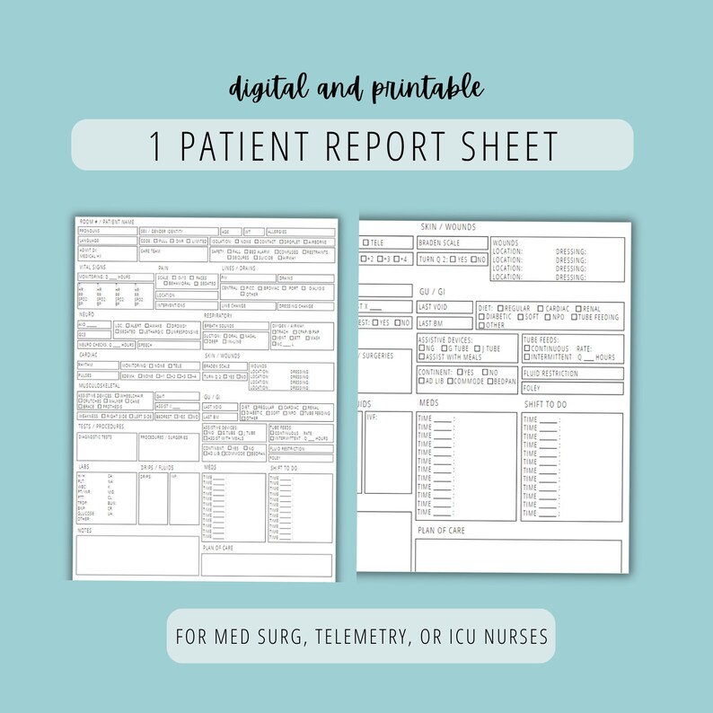 1 Patient Nursing Report Sheet Med Surg Telemetry ICU - Etsy
