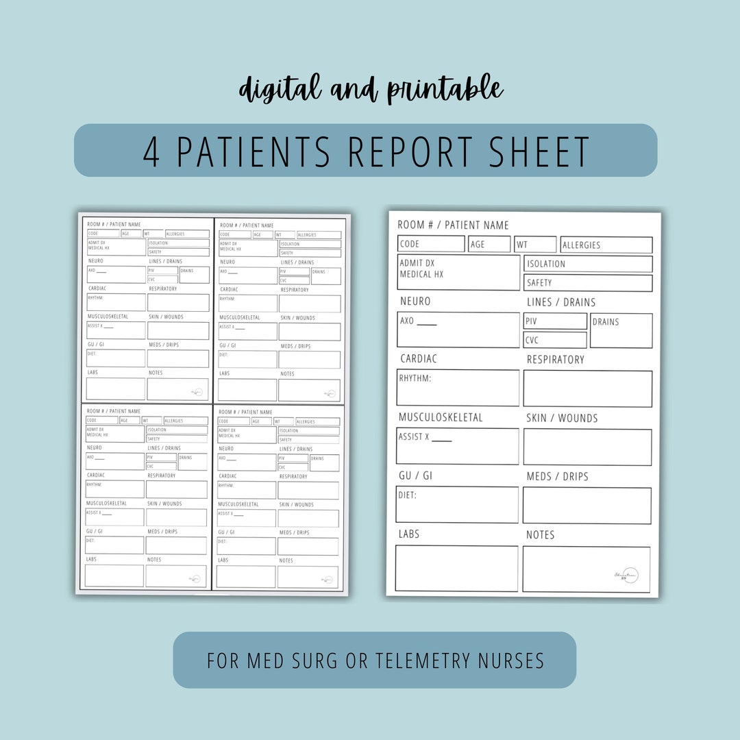 4 Patients Nursing Report Sheet, Med Surg, Telemetry | Digital Download ...