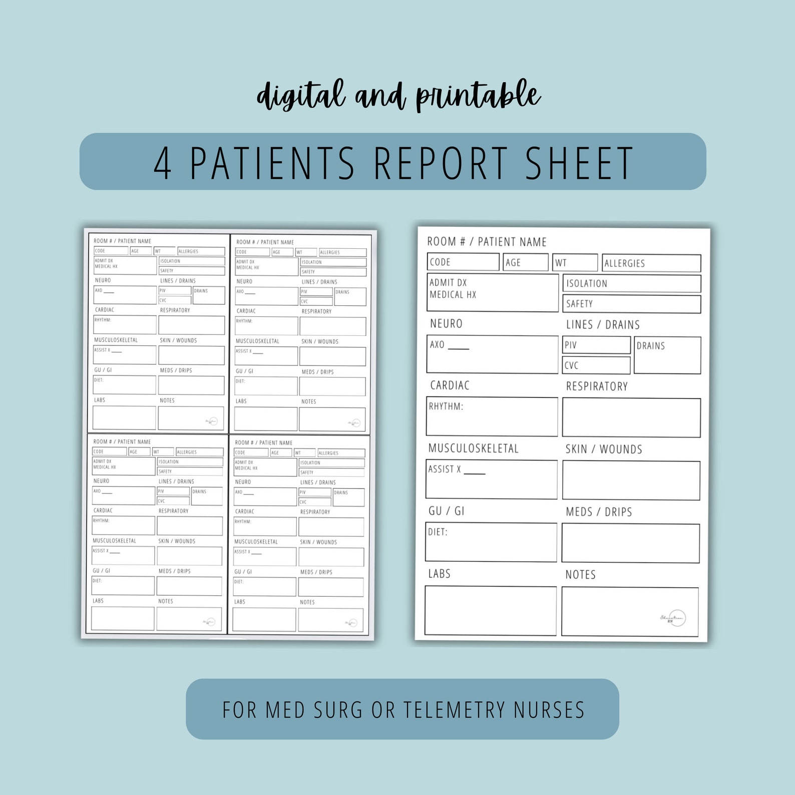 4 Patients Nursing Report Sheet, Med Surg, Telemetry | Digital Download ...