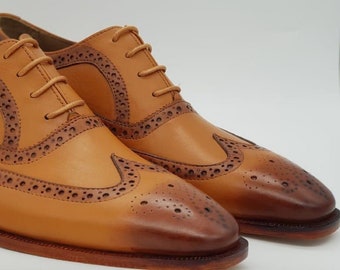 Bespoke Men Handmade Tan Brown Colour Pure Leather Men Wing Tip Shoes ...