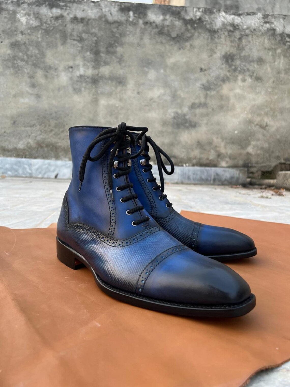 Bespoke Handmade Men's Navy Blue Color Pure Calf Leather Lace up Ankle ...