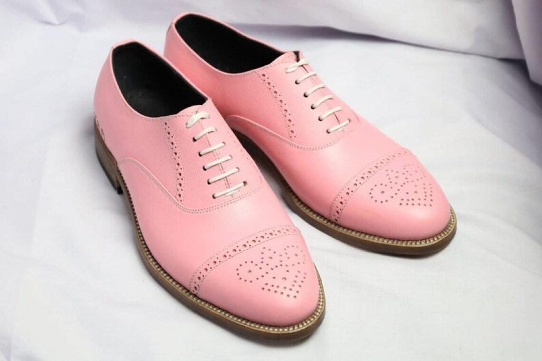 Bespoke Men's Handmade Pink Color Genuine Leather Cap Toe Brogues Lace ...