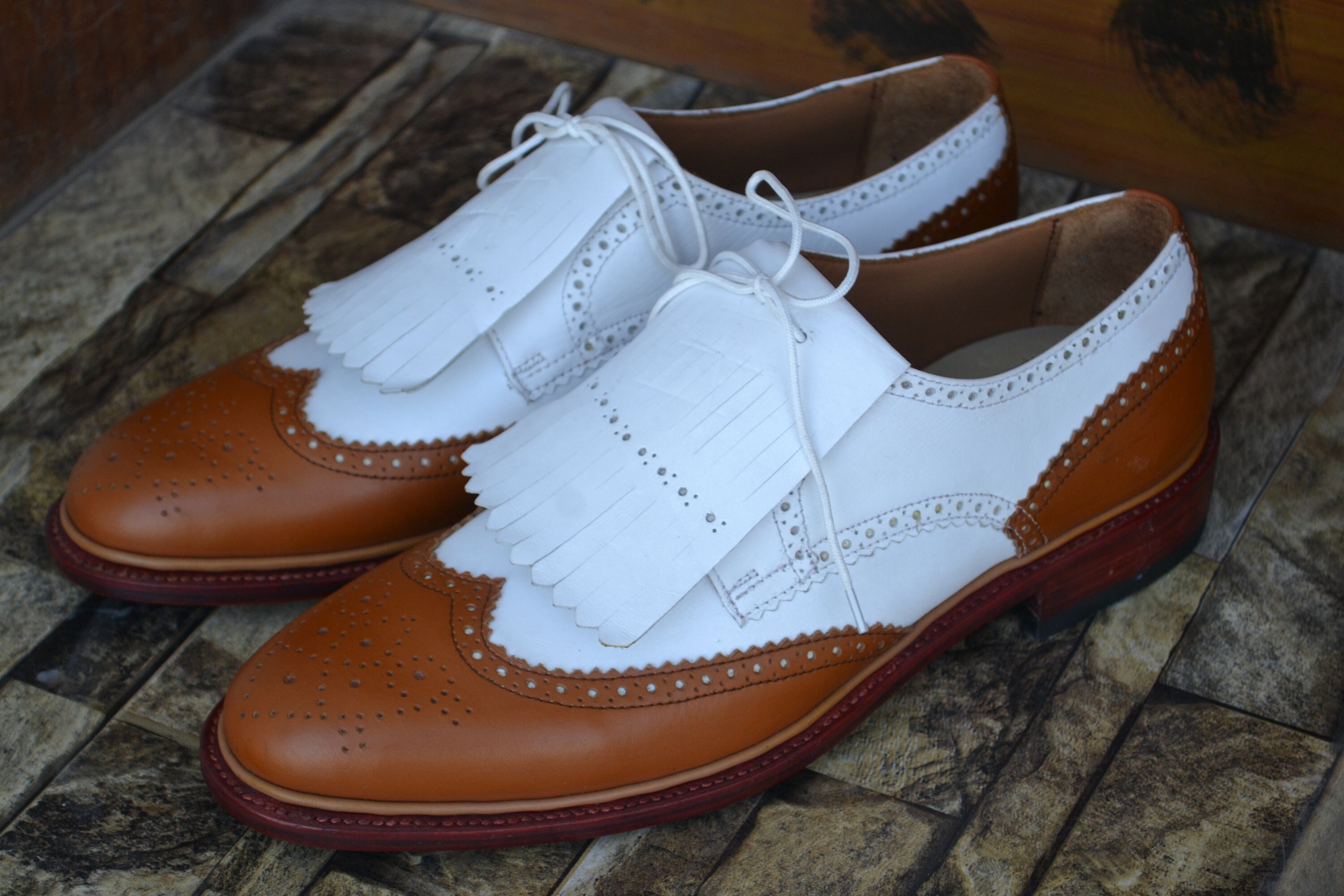 Bespoke Men's Handmade Tan& White Color Genuine Leather Wing Tip Brogue ...