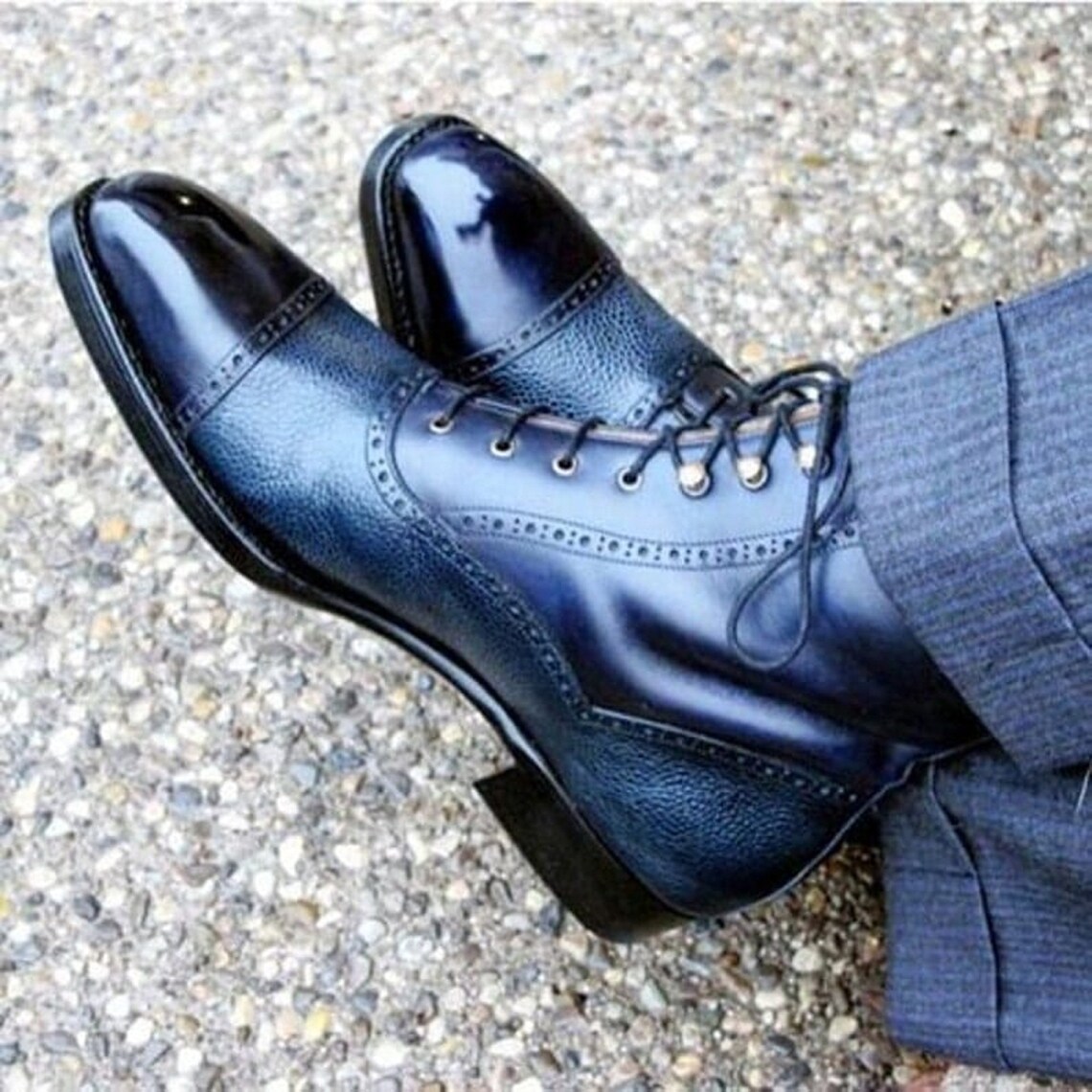 Bespoke Handmade Men's Navy Blue Color Pure Calf Leather Lace up Ankle ...
