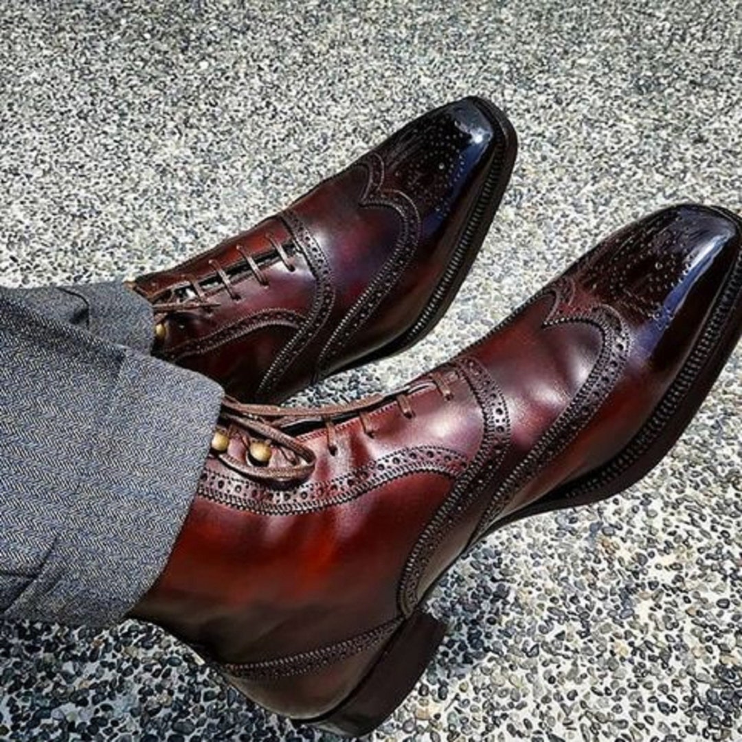 Bespoke Handmade Men Burgundy Color Genuine Leather Wing Tip Brogues ...