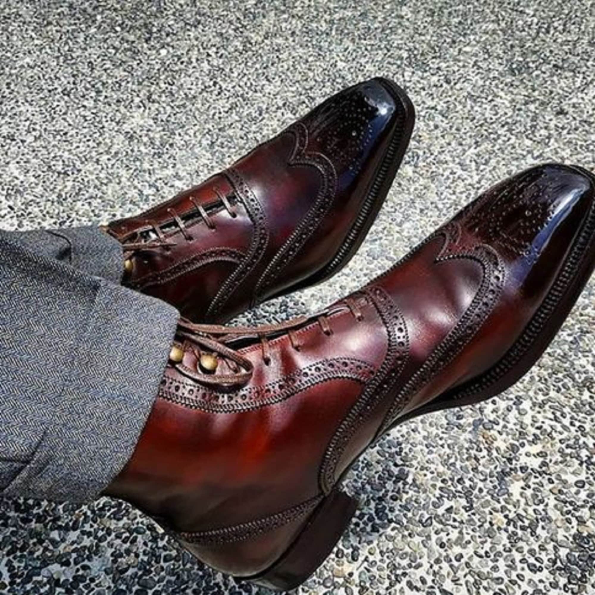 Bespoke Handmade Men Burgundy Color Genuine Leather Wing Tip Brogues ...