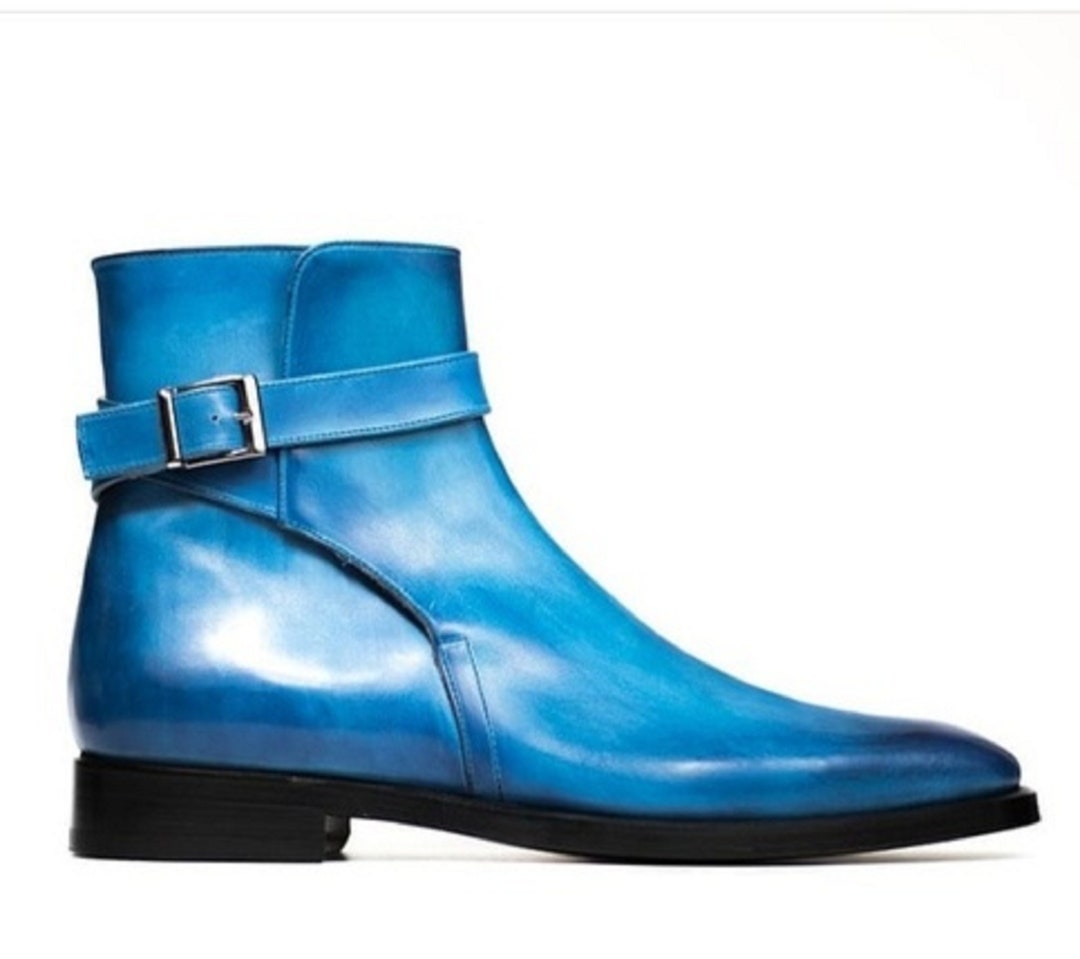 Bespoke Handmade Men's Blue Color Pure Calf Leather Ankle High Jodhpur ...