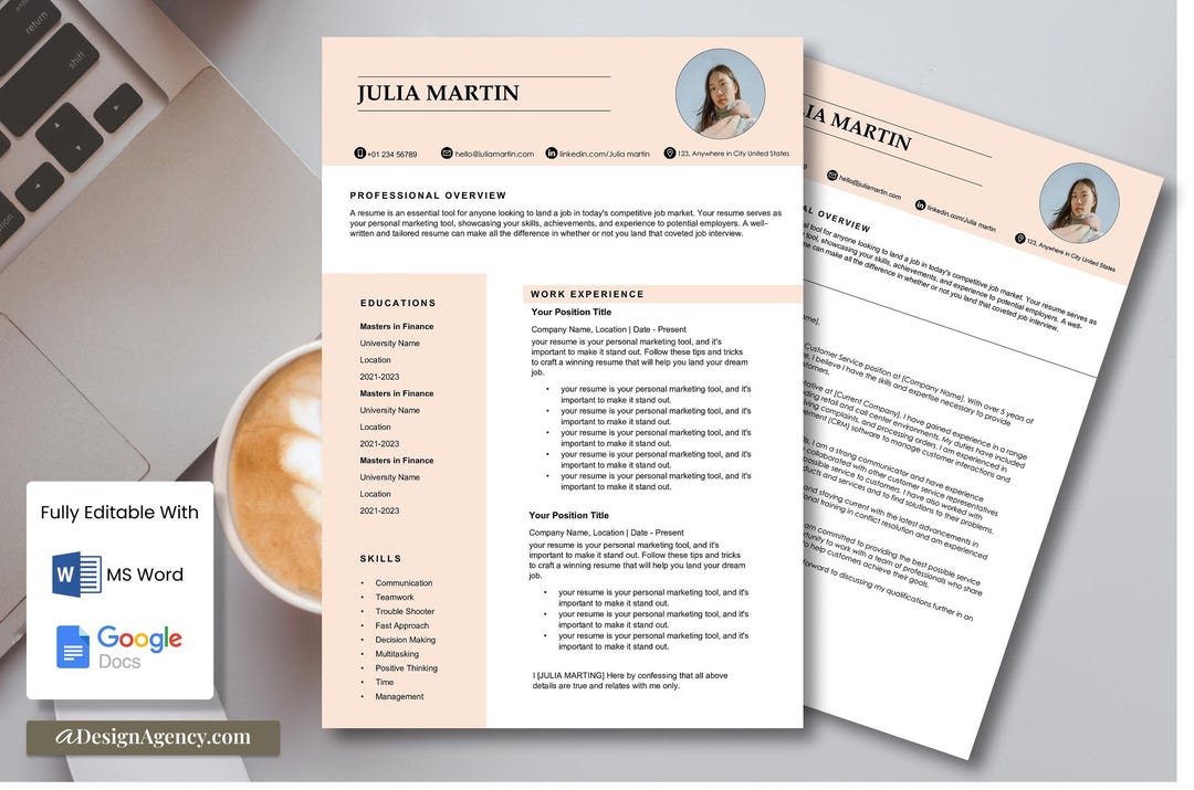 2026 Feminine Resume Template | Girly CV Template Word | Editable ...