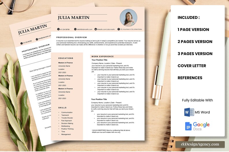 2026 Feminine Resume Template | Girly CV Template Word | Editable ...