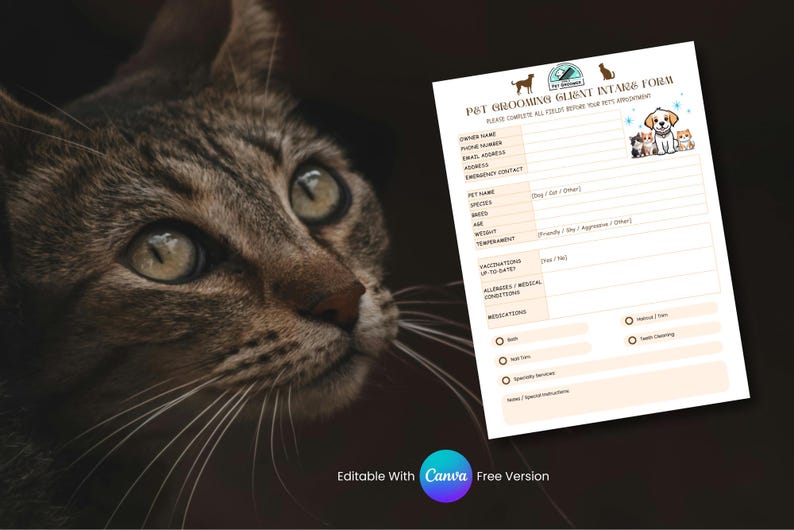 Pet Grooming Client Intake Form | Editable Canva Template | Dog & Cat ...