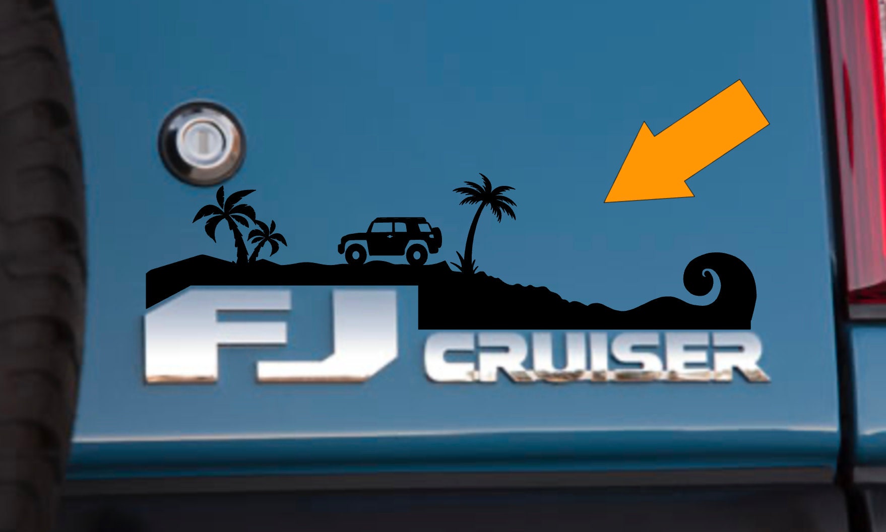 Toyota FJ Cruiser Badge Decal, Beach Theme With Ocean Wave, Palm Tree ...
