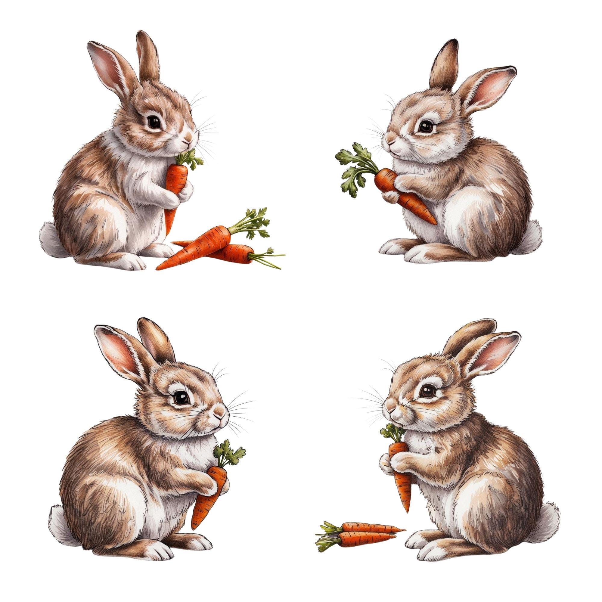 4 Watercolour Images of Cute Bunny Rabbits With Carrots Clipart ...