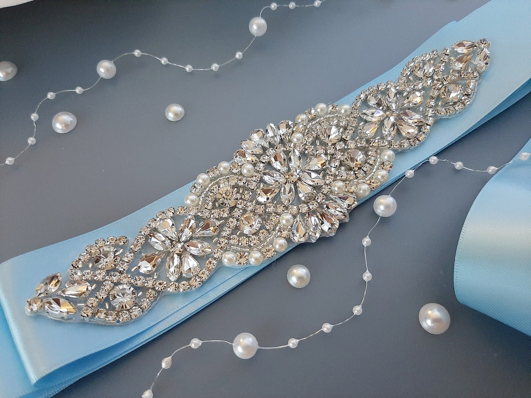 Light Blue Bridal Belt, Blue Wedding Dress Belt, Rhinestone Belt ...