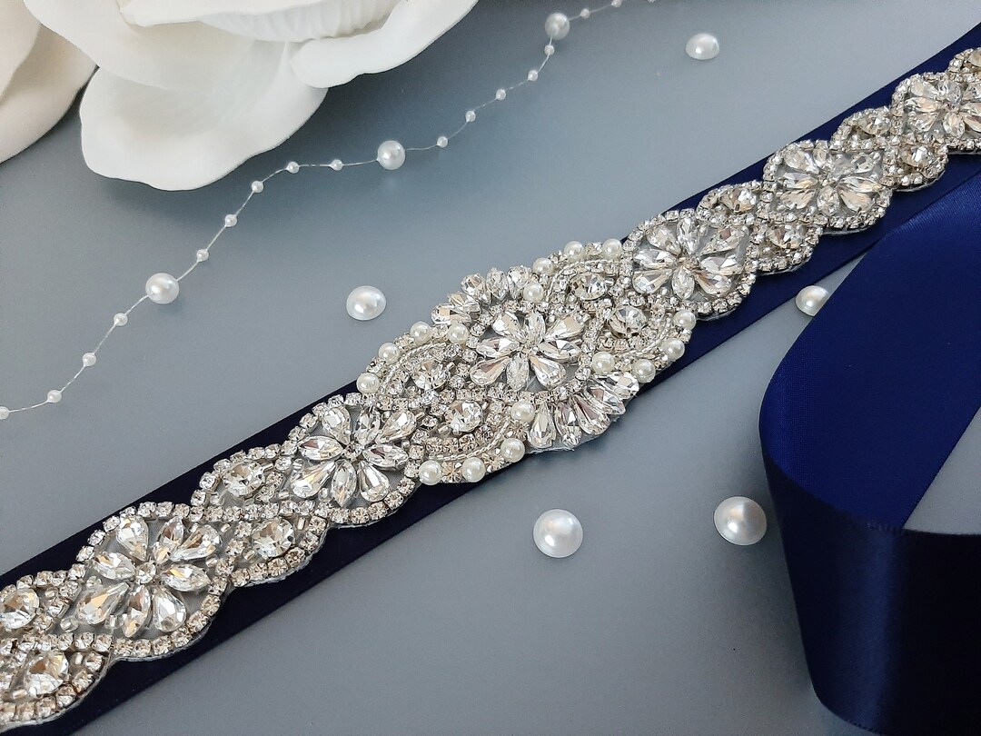 Bridal Belt, Navy Blue Wedding Dress Belt, Rhinestone Belt, Belt for ...