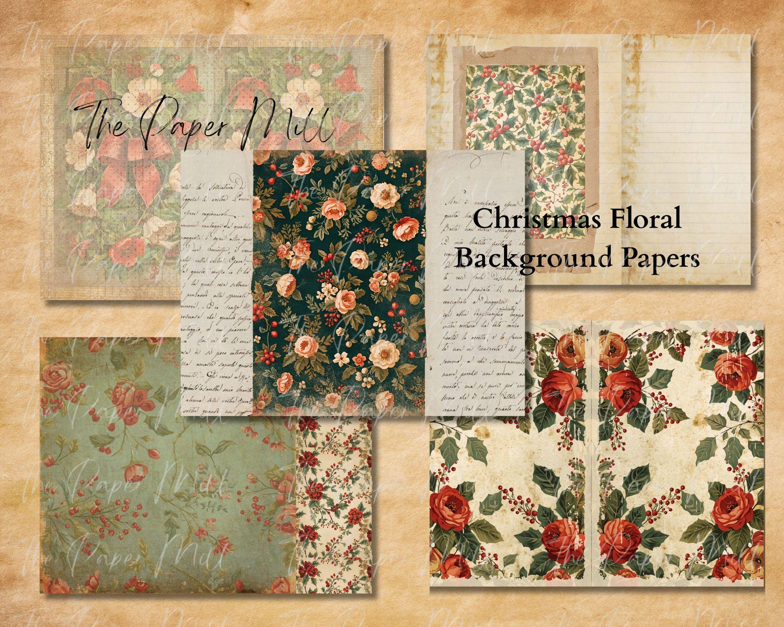 Christmas Floral Background Papers, Vintage Christmas, Digital Paper ...