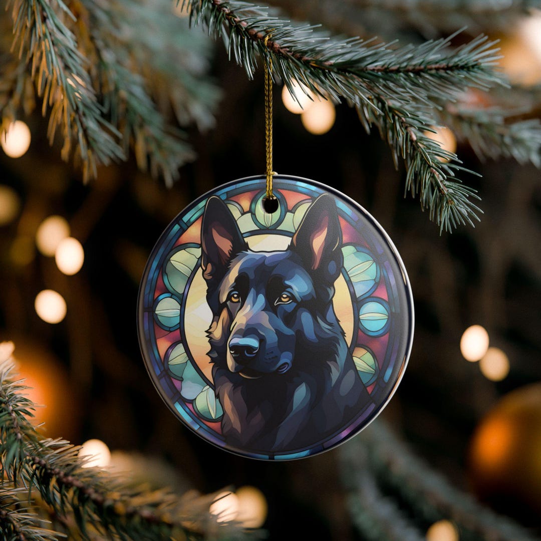 Stained Glass Christmas Black German Shepherd Ceramic Ornament ...