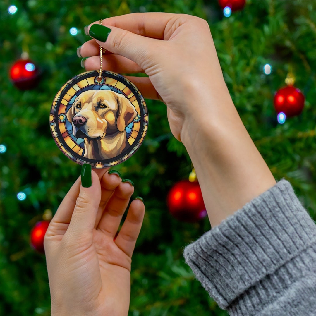 Stained Glass Christmas Yellow Labrador Retriever Ceramic Ornament, Lab ...