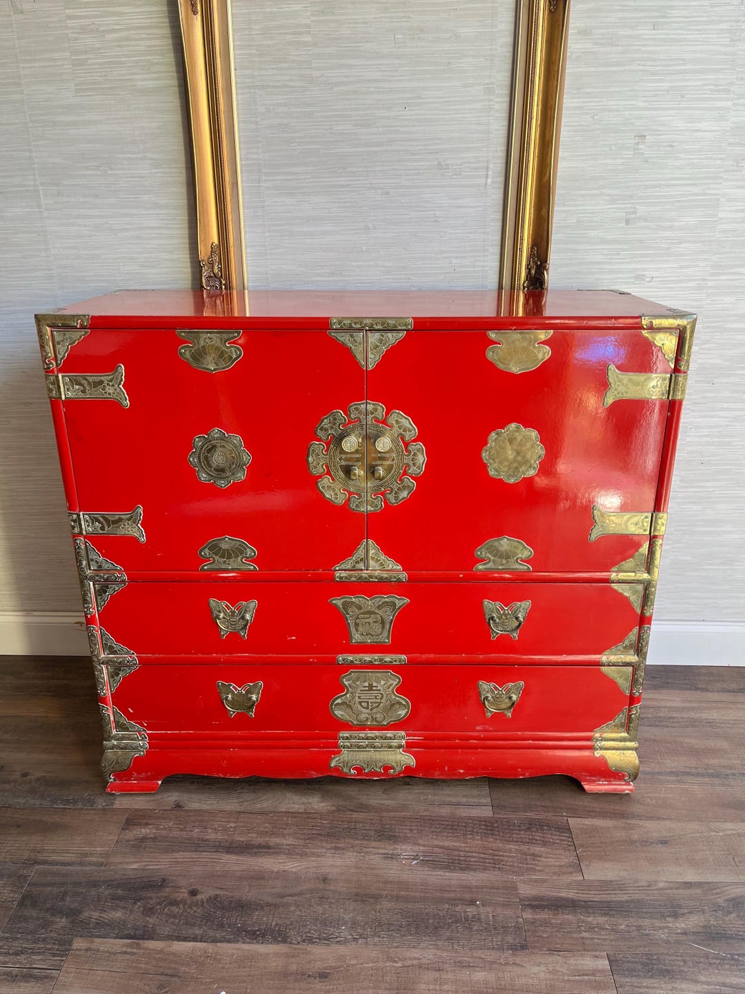 Mid 20th Century Red Lacquer Tansu Chest With Brass Butterfly Pulls - Etsy