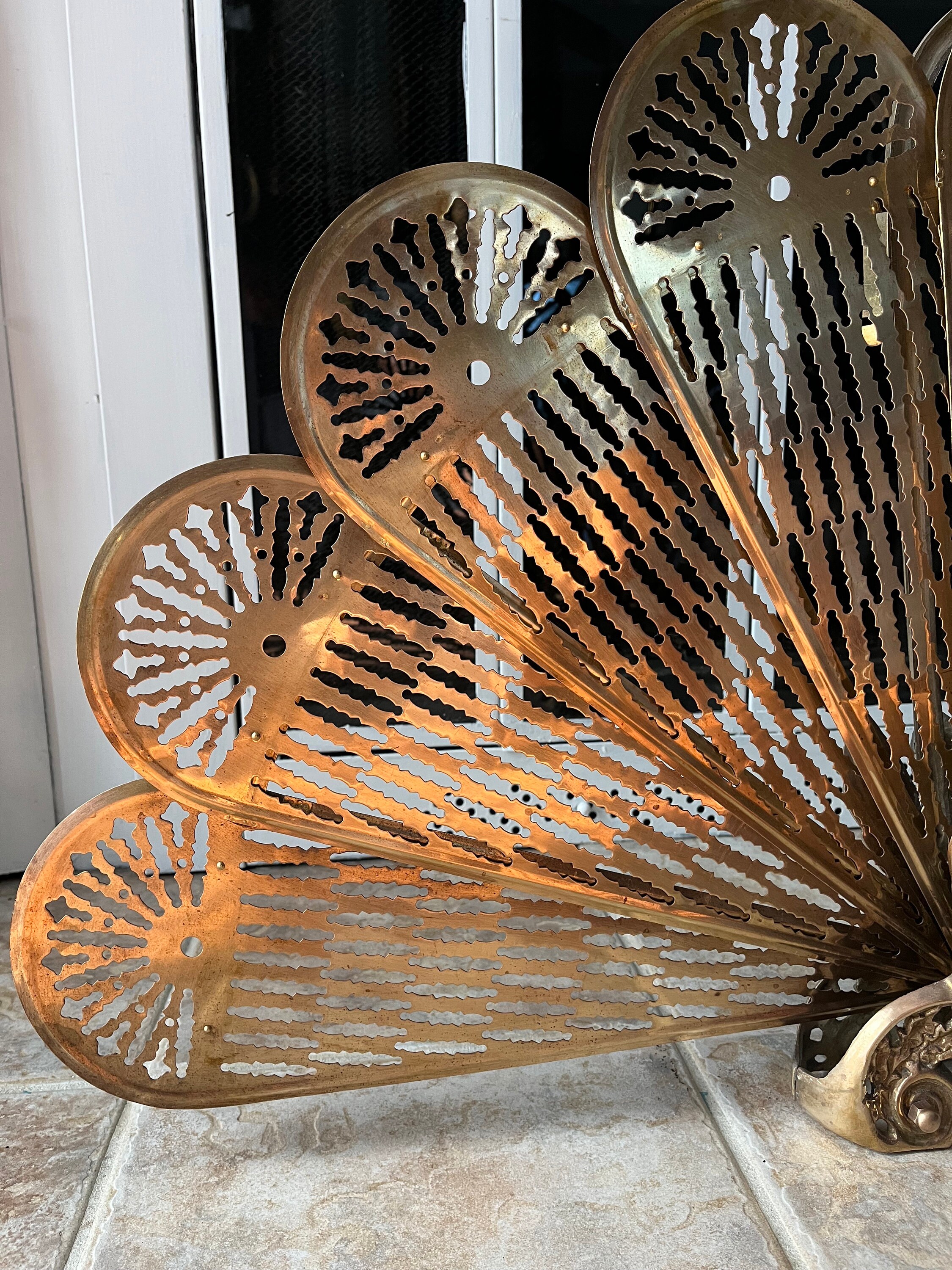 Vintage Mid Century Gargoyle Griffin Brass Peacock Fireplace Folding ...