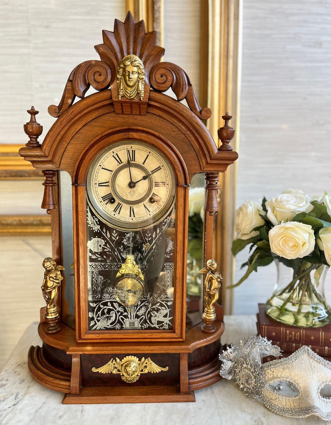 Victorian Ansonia Company Antique 1800s Walnut Brass Mantel Pendulum Clock - Etsy