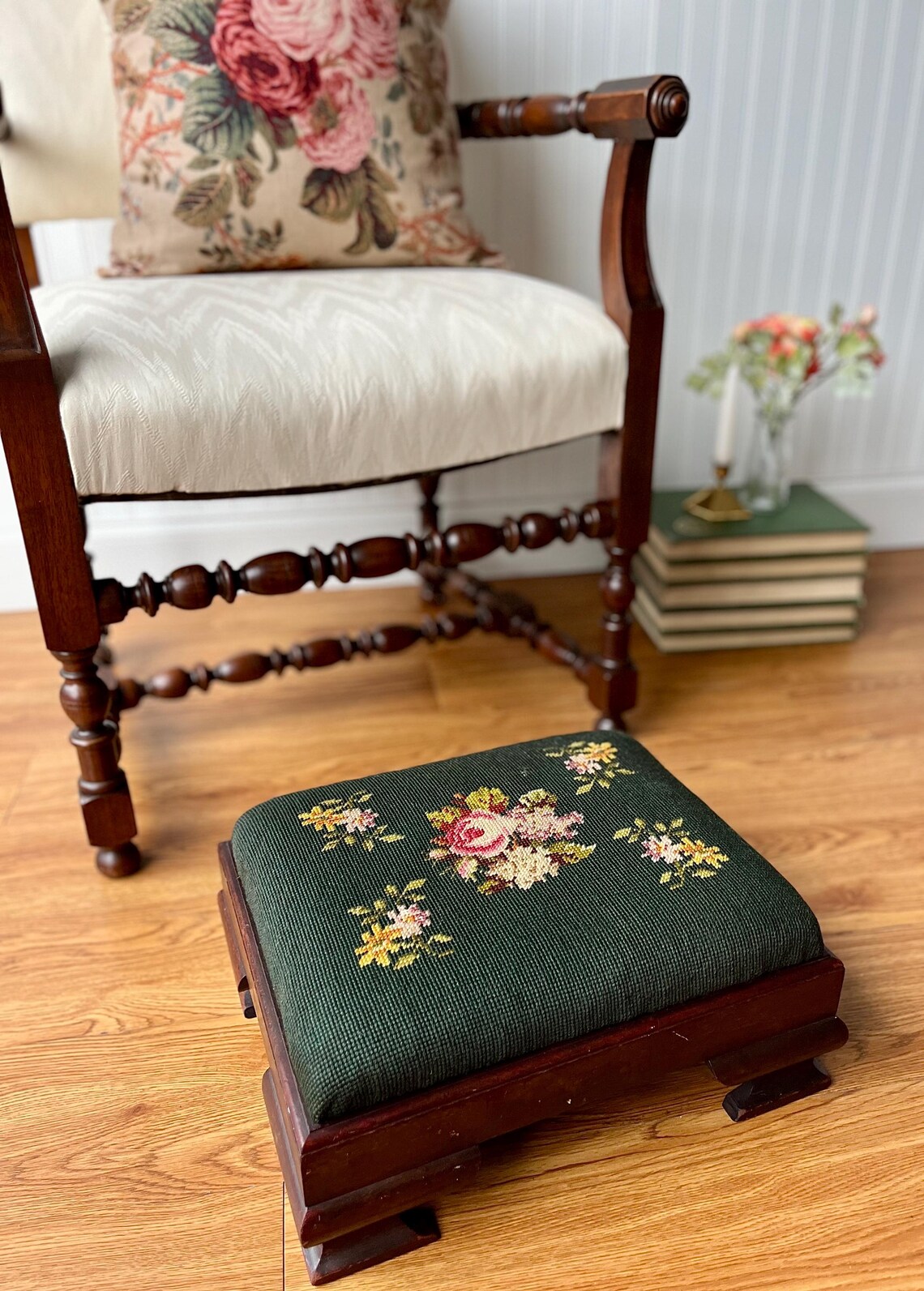 Antique Footstool Circa 1880s Hand Needlepoint Floral Tapestry + Carved ...