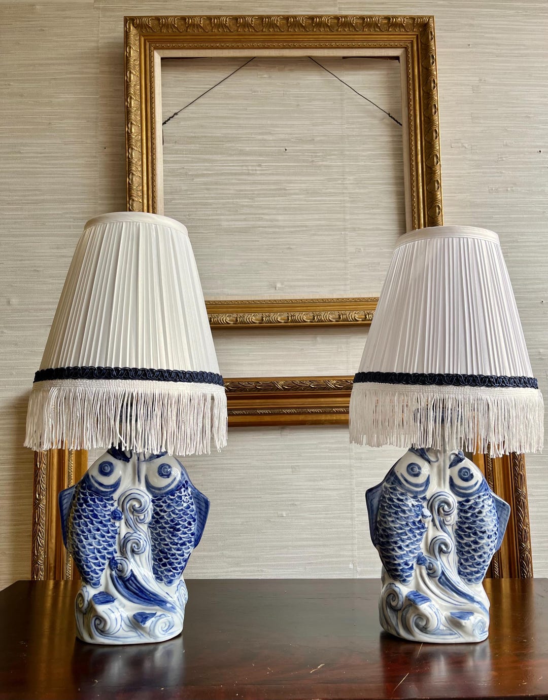 Vintage Porcelain Blue & White Koi Fish Chinoiserie Table Lamp Pair - Etsy