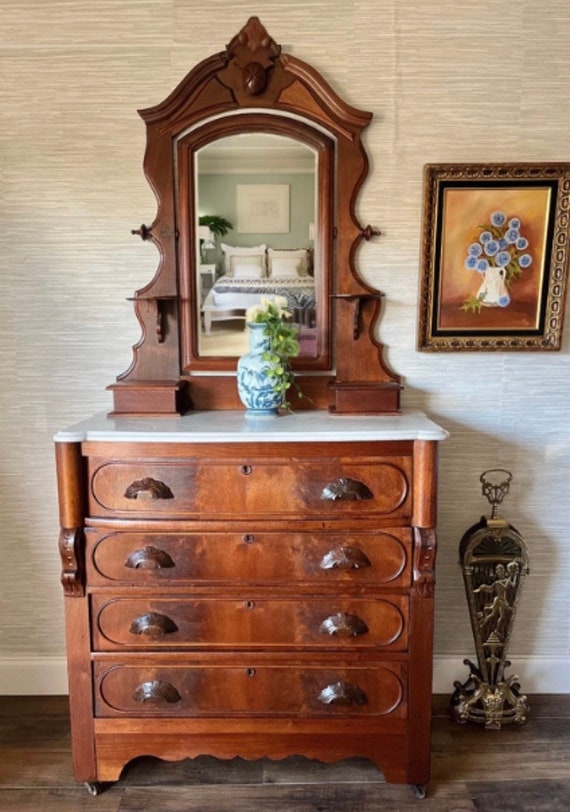 Antique 140 Year Old Eastlake Victorian Era 4 Drawer Italian Marble Top Dresser With Removable Mirror Etsy