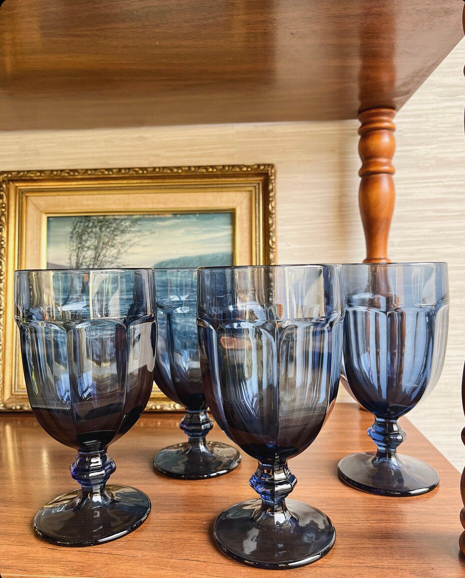 Vintage Libbey Duratuff Blue Water Goblet Tablescape Glasses Set of 4 ...