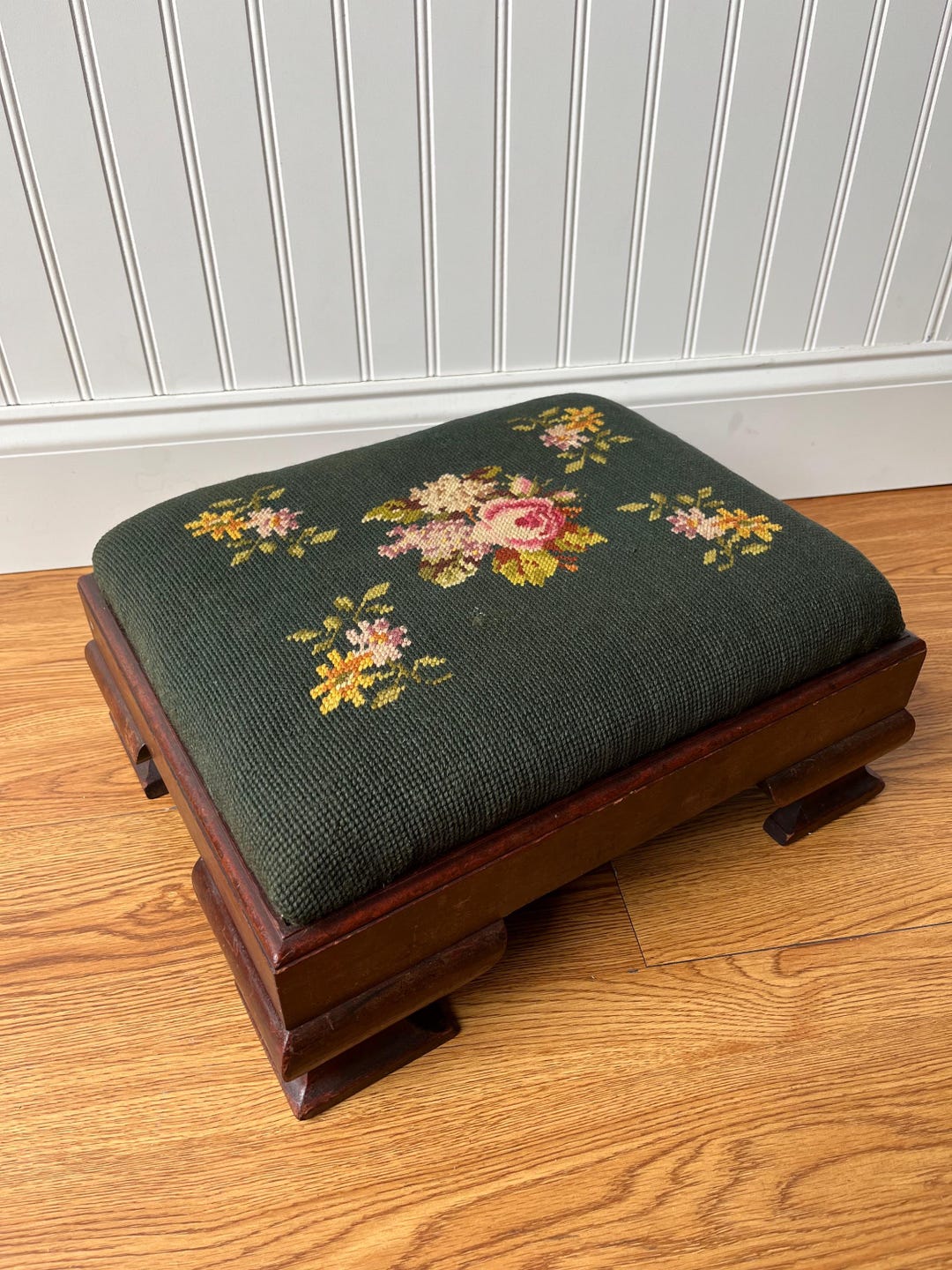 Antique Footstool Circa 1880s Hand Needlepoint Floral Tapestry + Carved ...