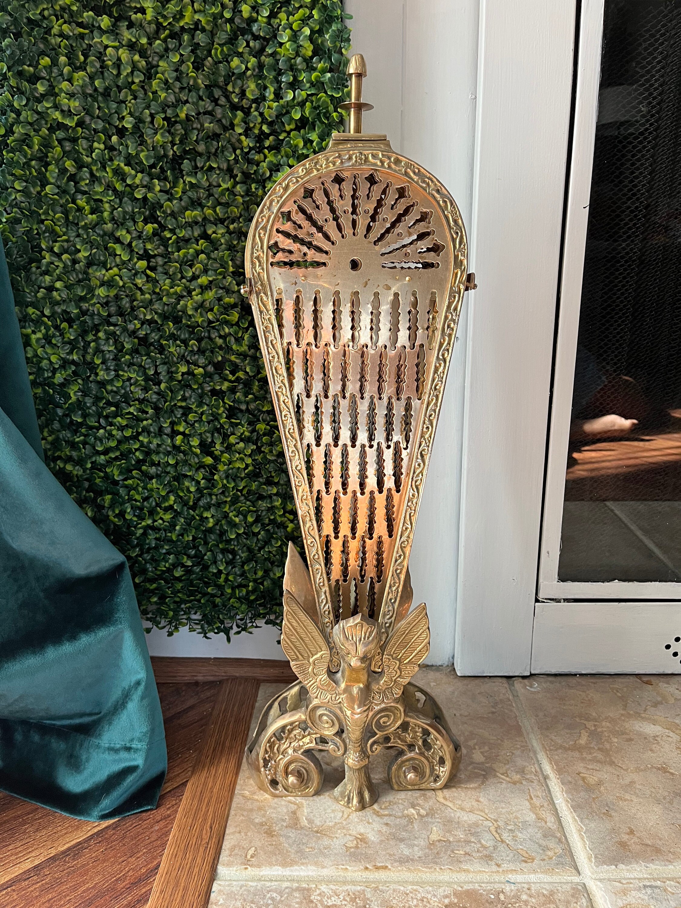 Vintage Mid Century Gargoyle Griffin Brass Peacock Fireplace Folding ...