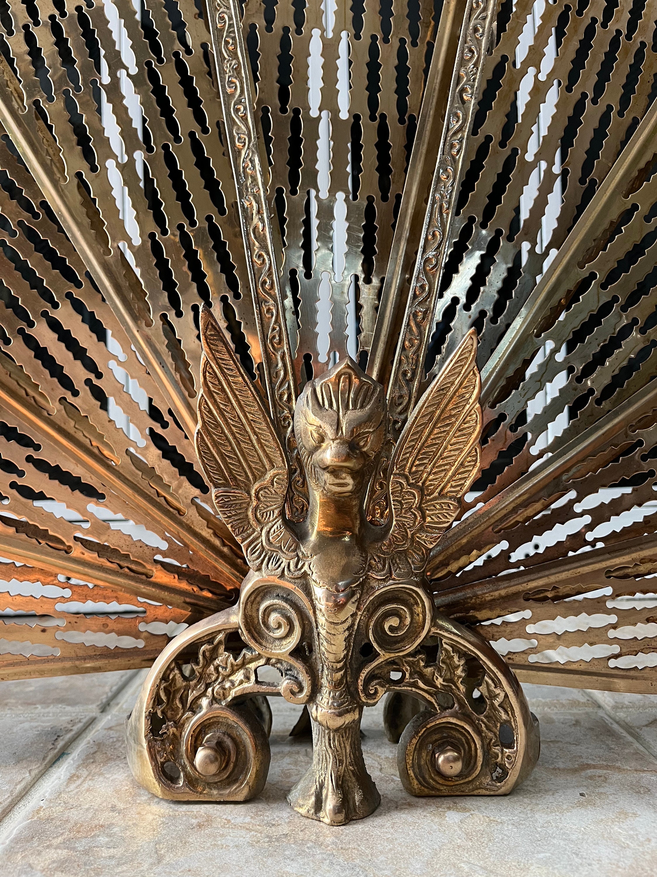 Vintage Mid Century Gargoyle Griffin Brass Peacock Fireplace Folding ...