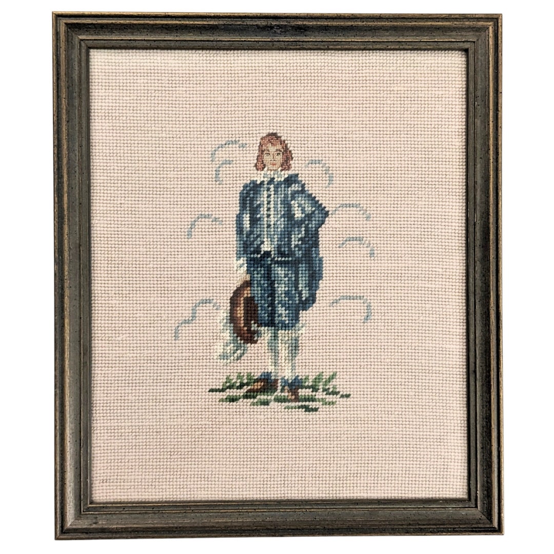 Completed Needlepoint of Elizabethan Man, Finished Needlework of Well ...