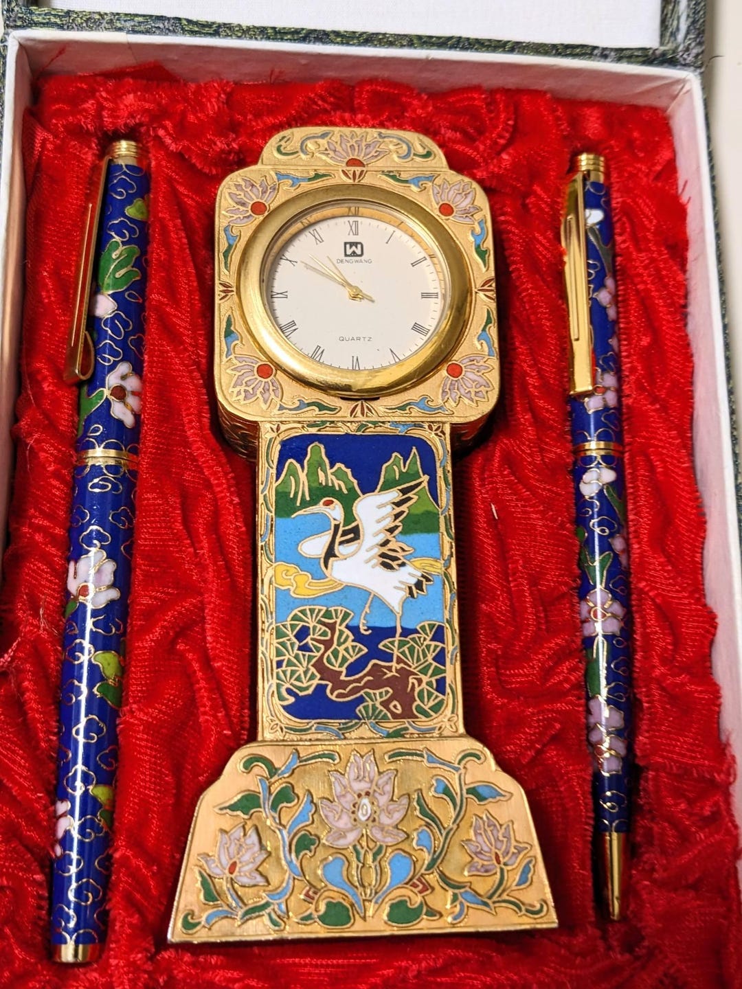 Vintage Asian Cloisonne Pen and Miniature Clock Set, Japanese Mini ...