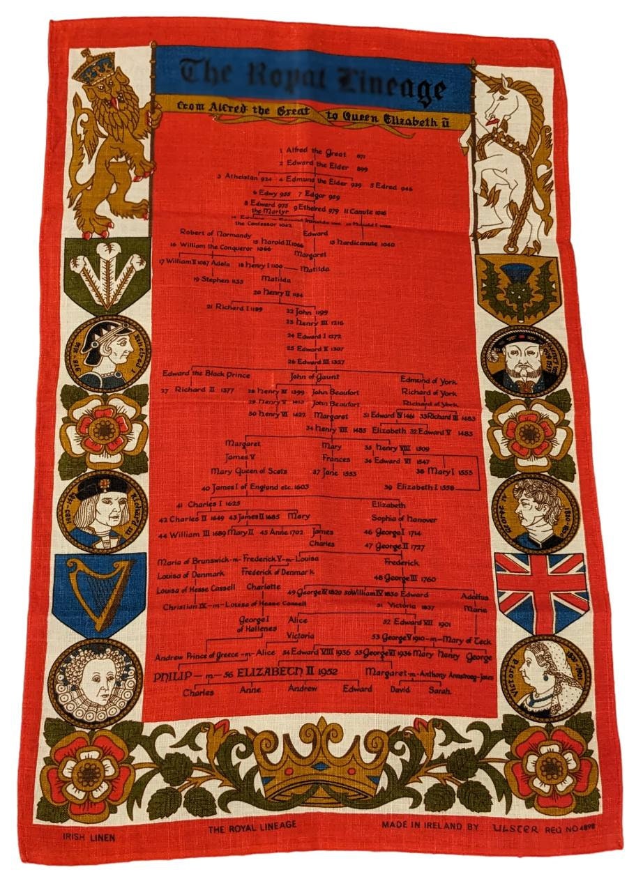 Vintage Souvenir the Royal Lineage Tea Towel, Collectible Ulster Irish ...