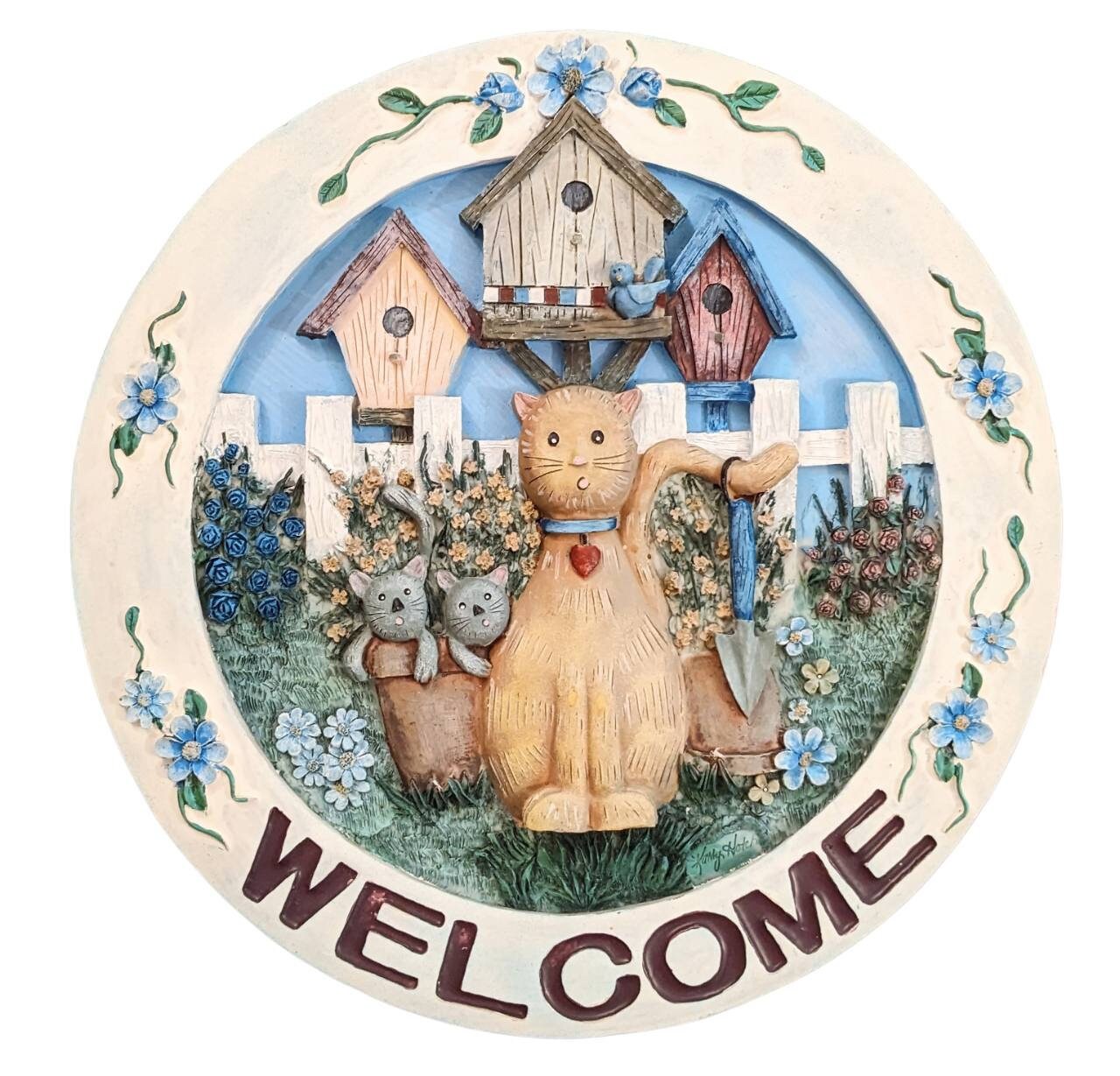 Vintage Welcome Stepping Stone With Design Featuring Cats, Flowers ...