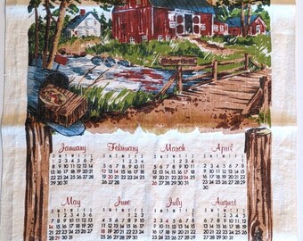 Vintage Linen Fabric Tea Towel With 1923 Calendar and Country Farm ...