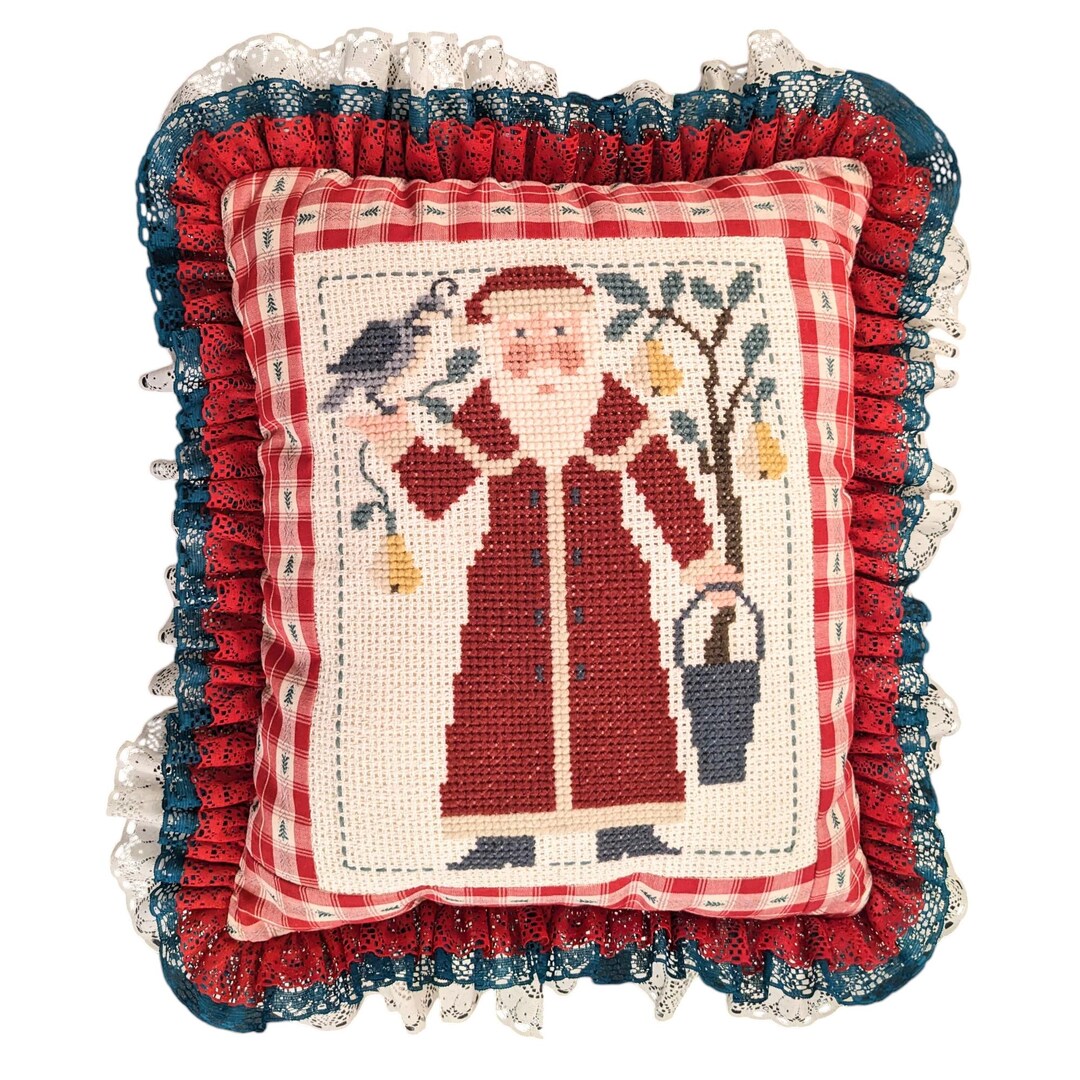 Vintage Completed Needlepoint Christmas Pillow Featuring Santa, Bird ...