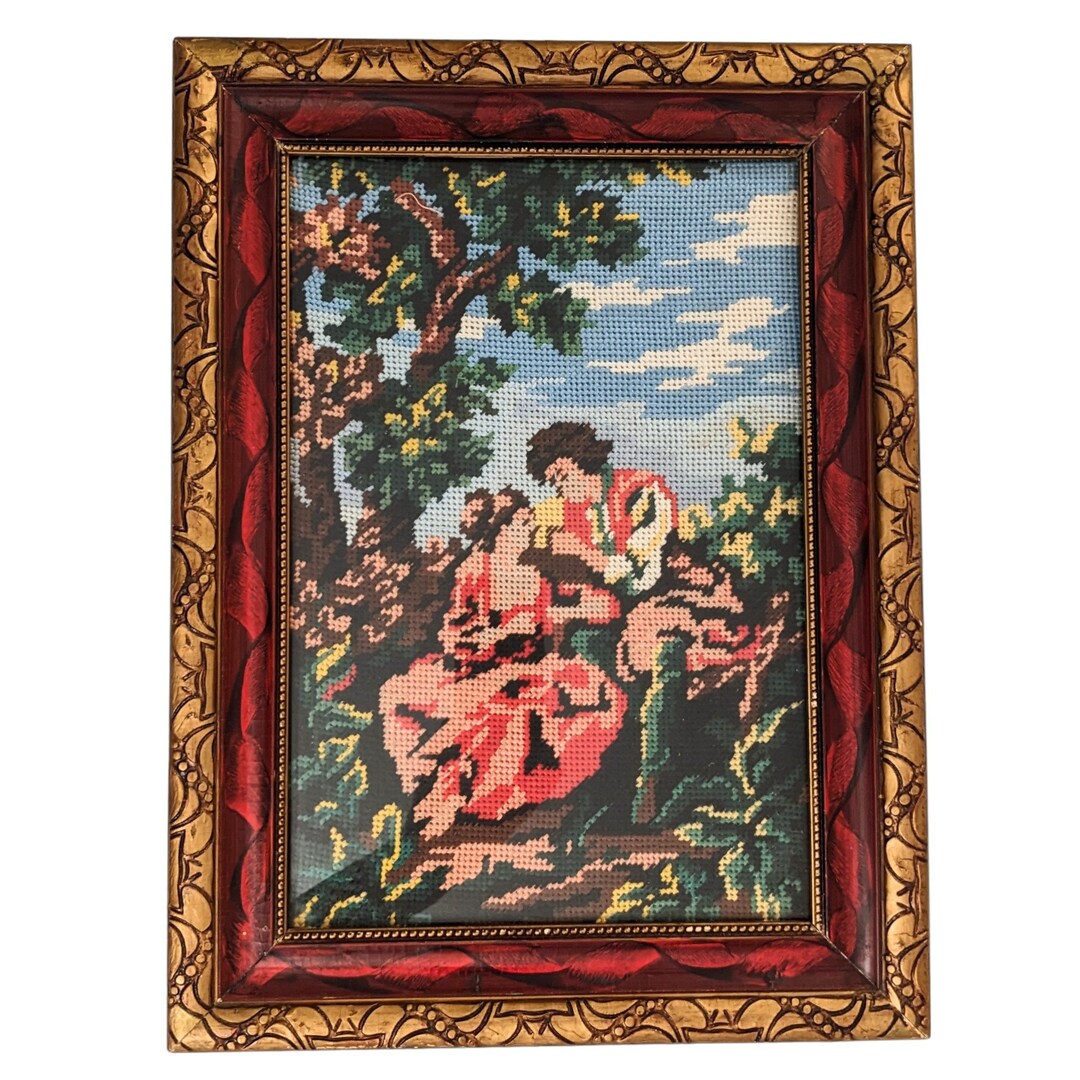 Vintage Framed Completed Romantic Renaissance Couple Needlepoint ...