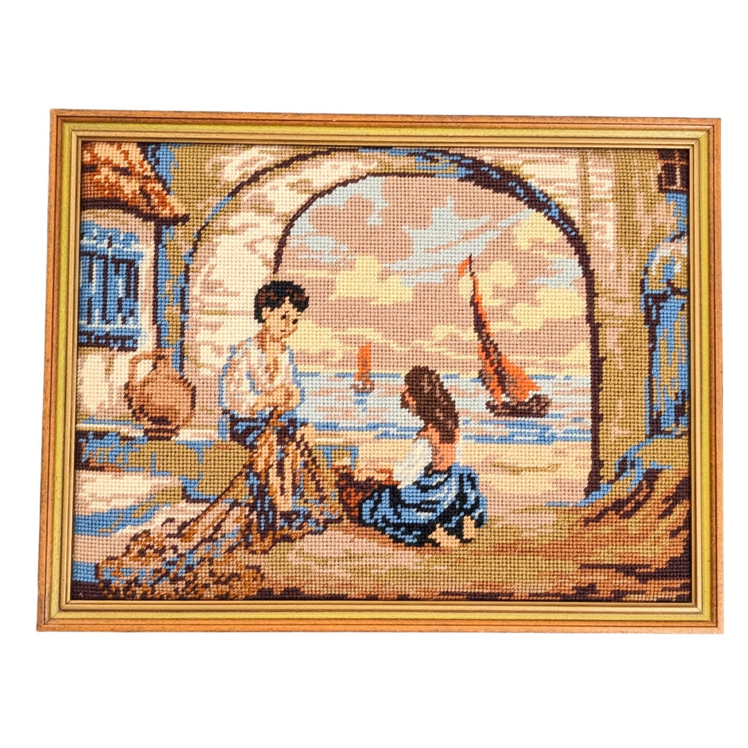 Vintage Framed Completed Sea Coast Scene Needlepoint, Finished ...