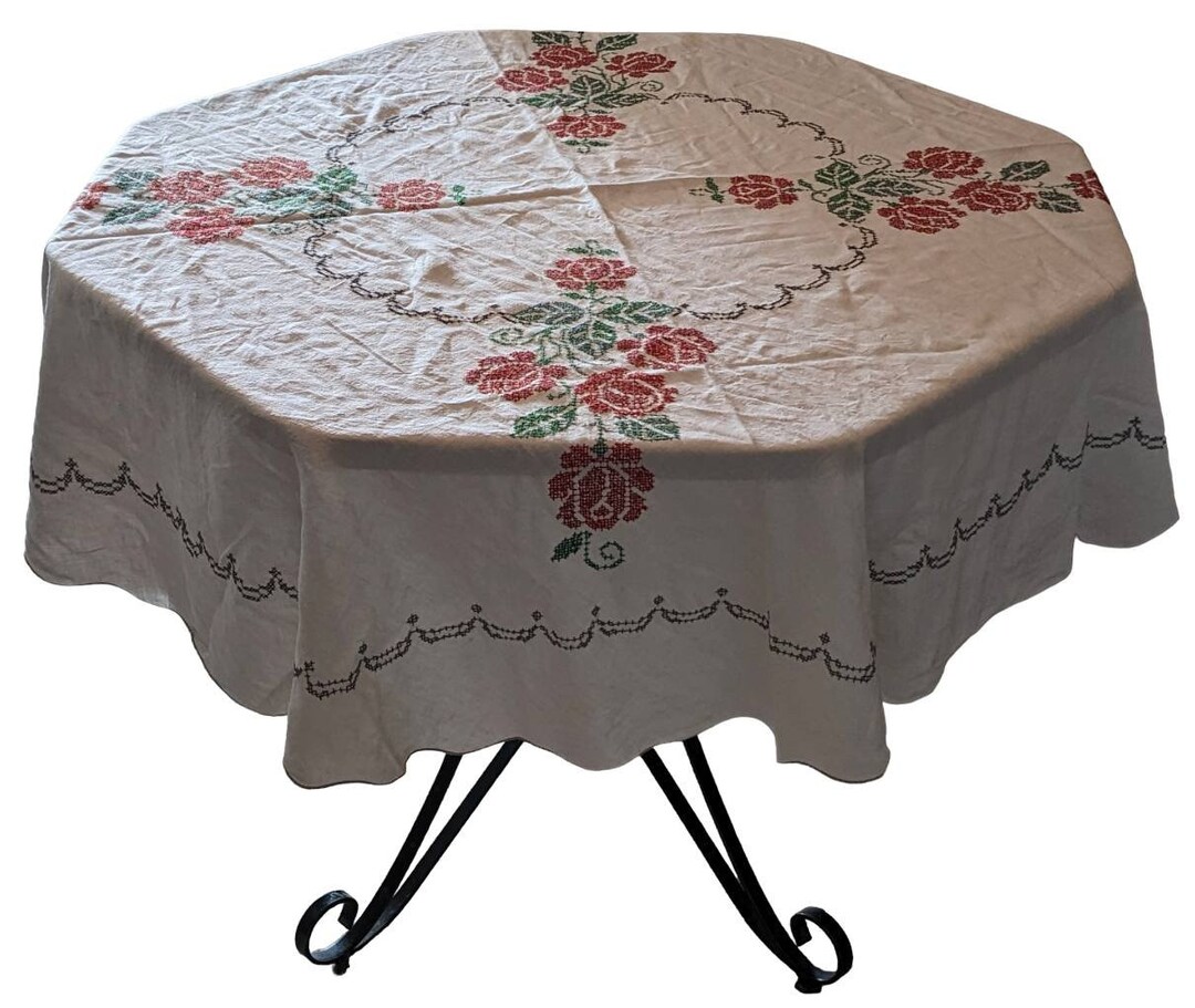 Vintage off White Linen Tablecloth With Handmade Cross Stitch - Etsy