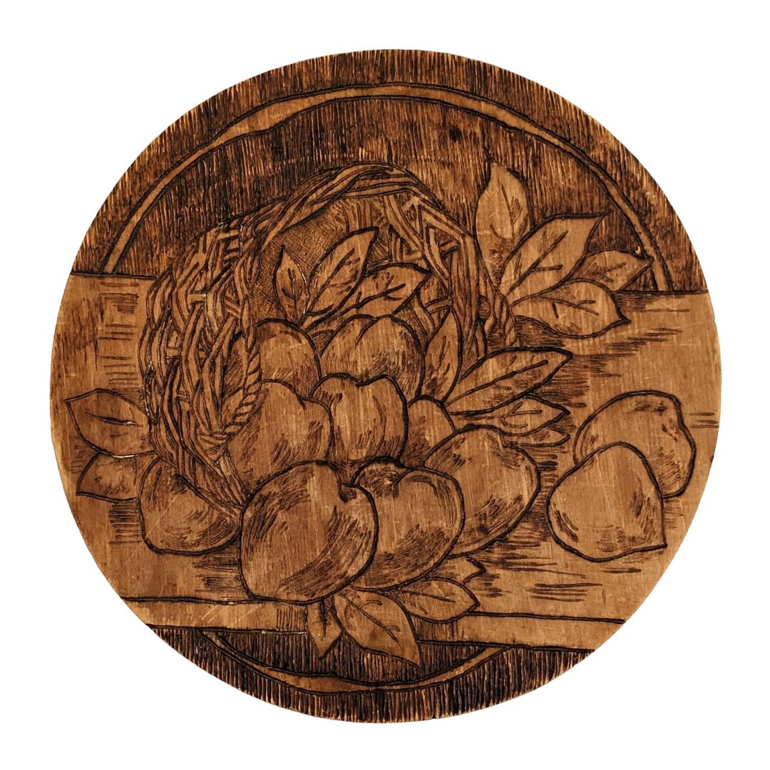 Antique Flemish Wood Pyrography Artwork Depicting Basket of Apples on ...
